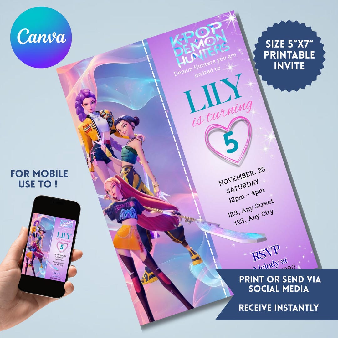 Kpop Demon Hunter Birthday Invitation, Editable Canva Template, Kpop ...