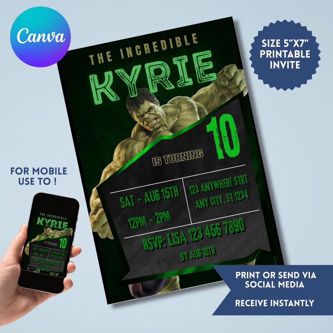 Hulk Editable Invitation, Super Heroes Birthday Invitation, the Hulk ...