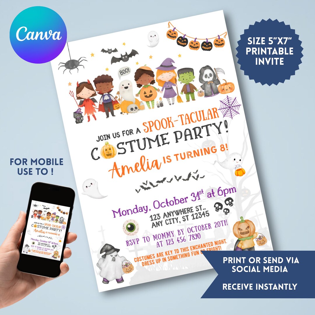 Editable Spooktacular Halloween Birthday Invitation: Kids Costume Party ...