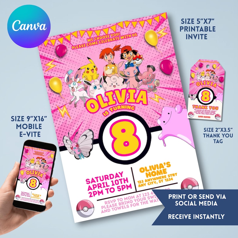 Editable Pokemon Birthday Invitation, Printable Party Invite (digital ...