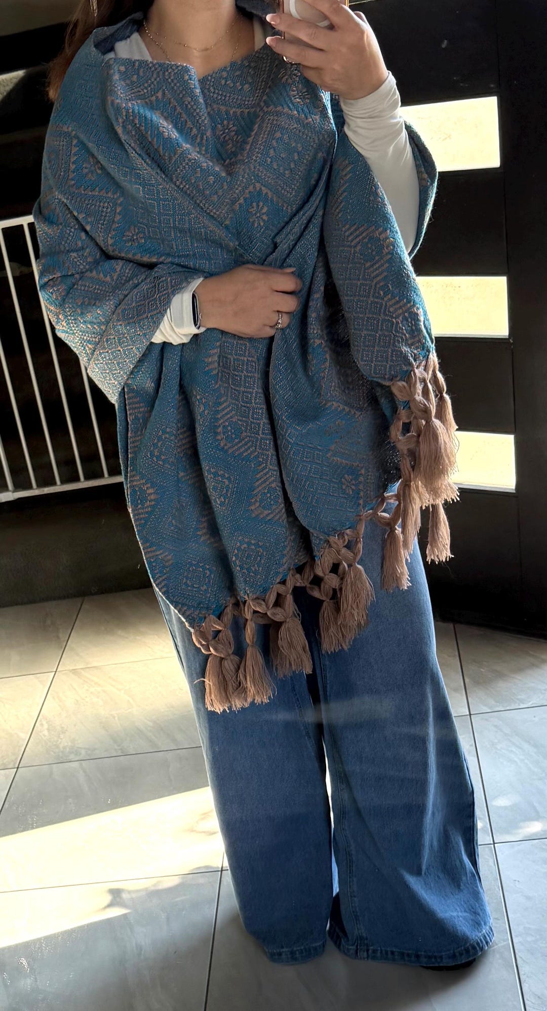 Rebozo mexicano tejido a mano – Chal azul y caqui de Puebla / 80 x 28 ...
