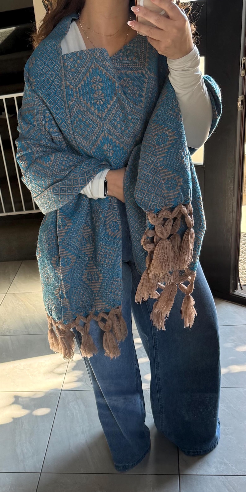 Rebozo mexicano tejido a mano – Chal azul y caqui de Puebla / 80 x 28 ...