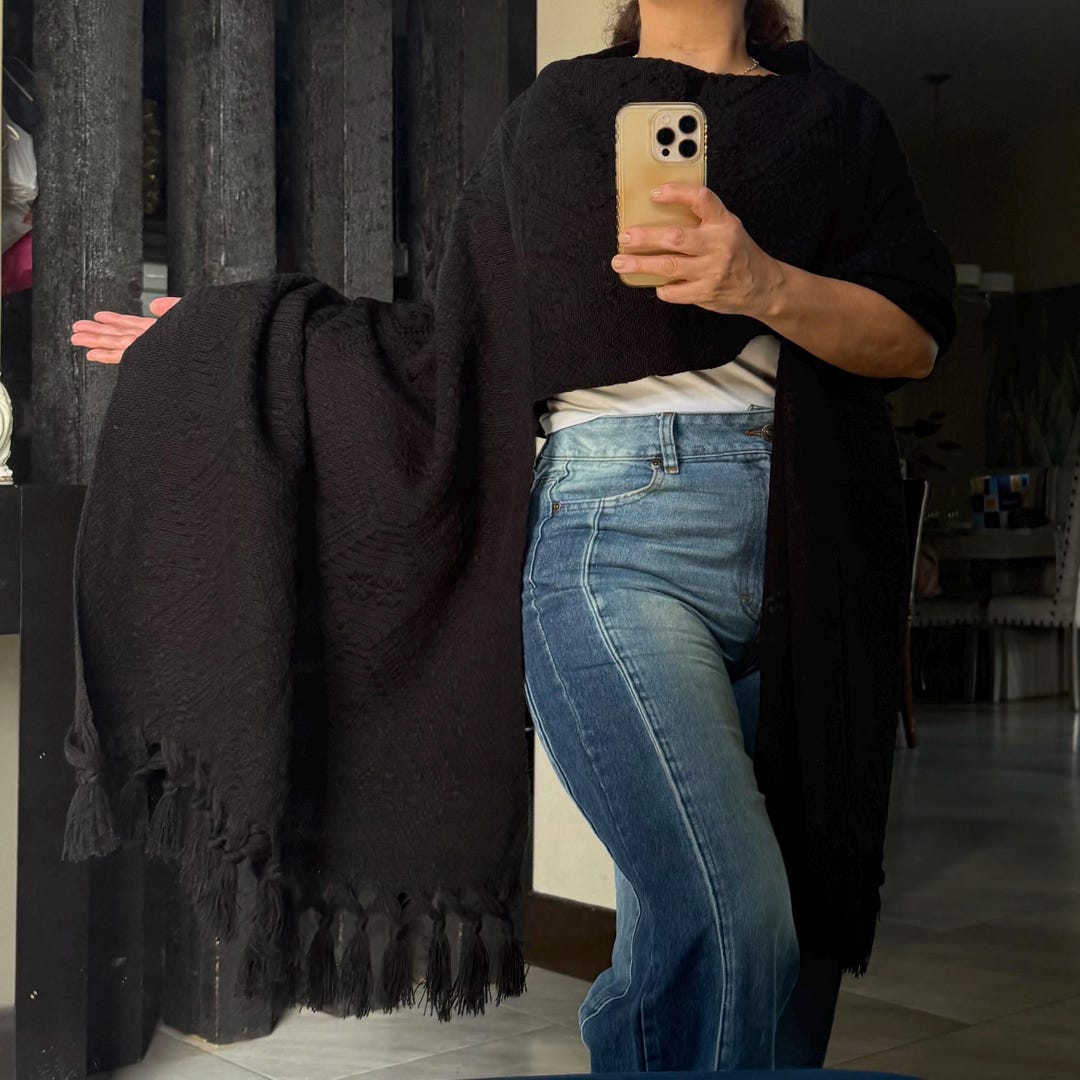 Handwoven Mexican Rebozo – Traditional Black Shawl From Puebla | 80x28 ...