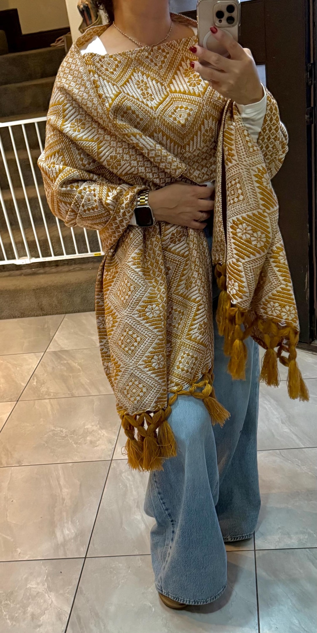 Mexican Rebozo Shawl Red White & Gold – Handwoven Artisan Wrap ...