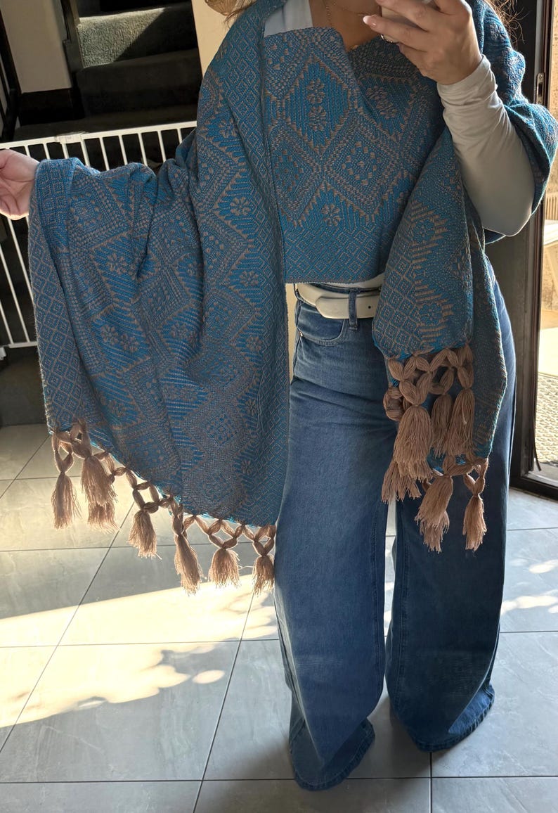 Rebozo mexicano tejido a mano – Chal azul y caqui de Puebla / 80 x 28 ...