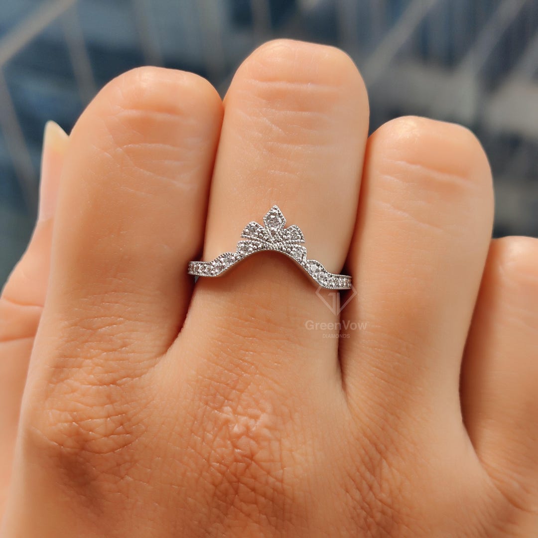 Lab Grown Diamond Vintage Curved Wedding Bands Women Tiara Crown Style ...