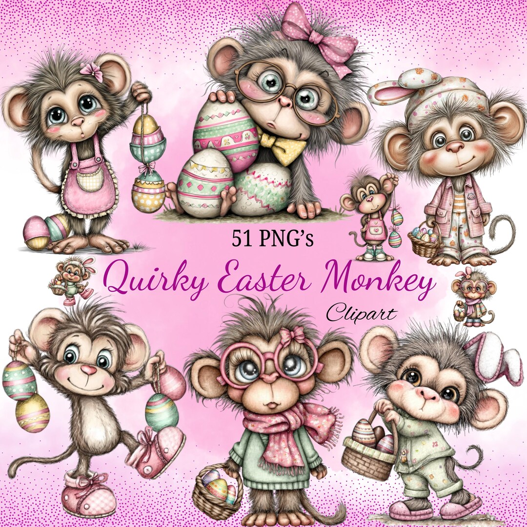 Quirky Easter Monkey Clipart Bundle | 51 Cute Monkey Pngs | Easter ...