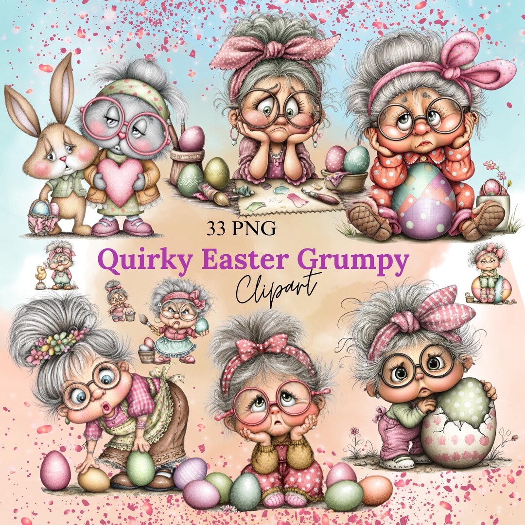 Quirky Easter Grumpy Clipart Bundle – 33 PNG Funny Grumpy Grandma ...