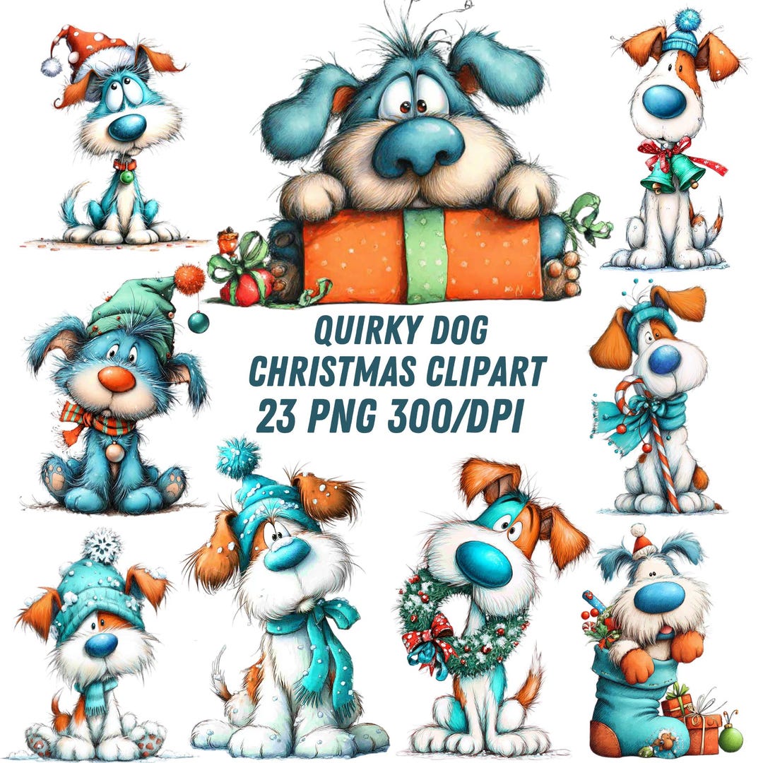 Christmas Dogs Whimsical Clipart: Cute Festive Graphics 300 Dpi ...