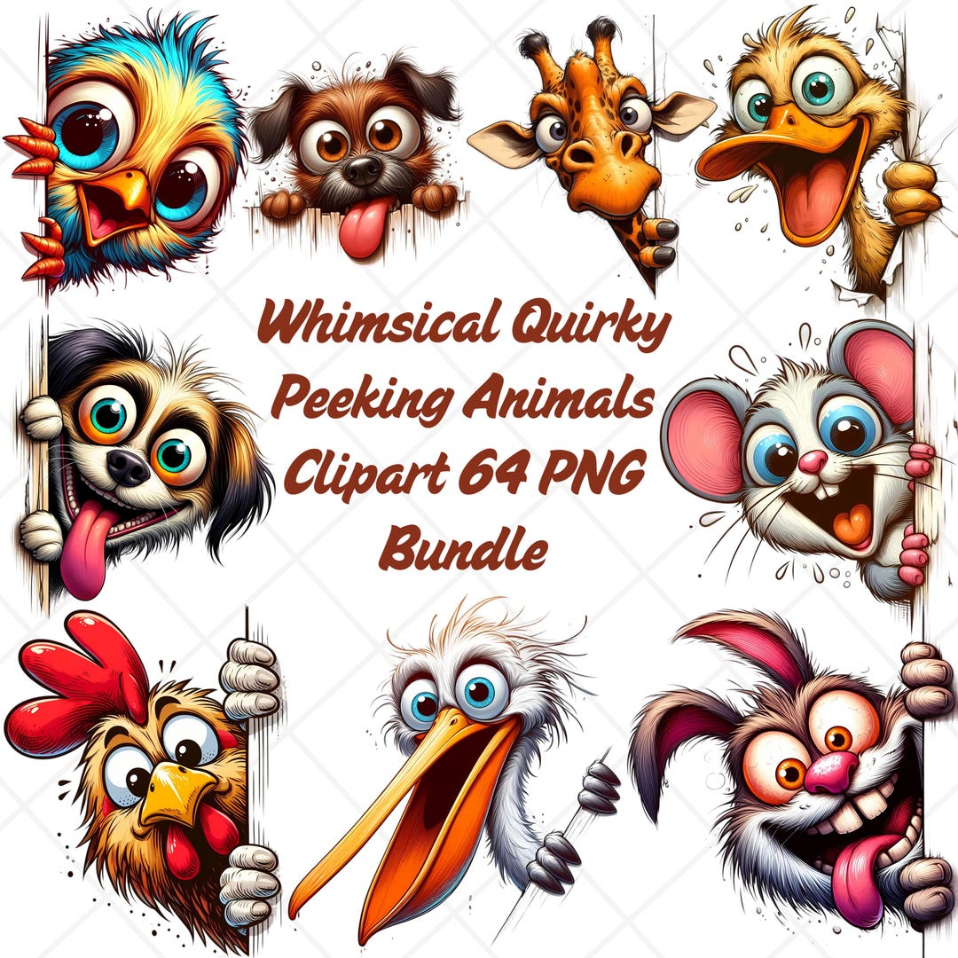 Whimsical Quirky Peeking Animals Clipart Bundle | 64 PNG Cute Funny ...