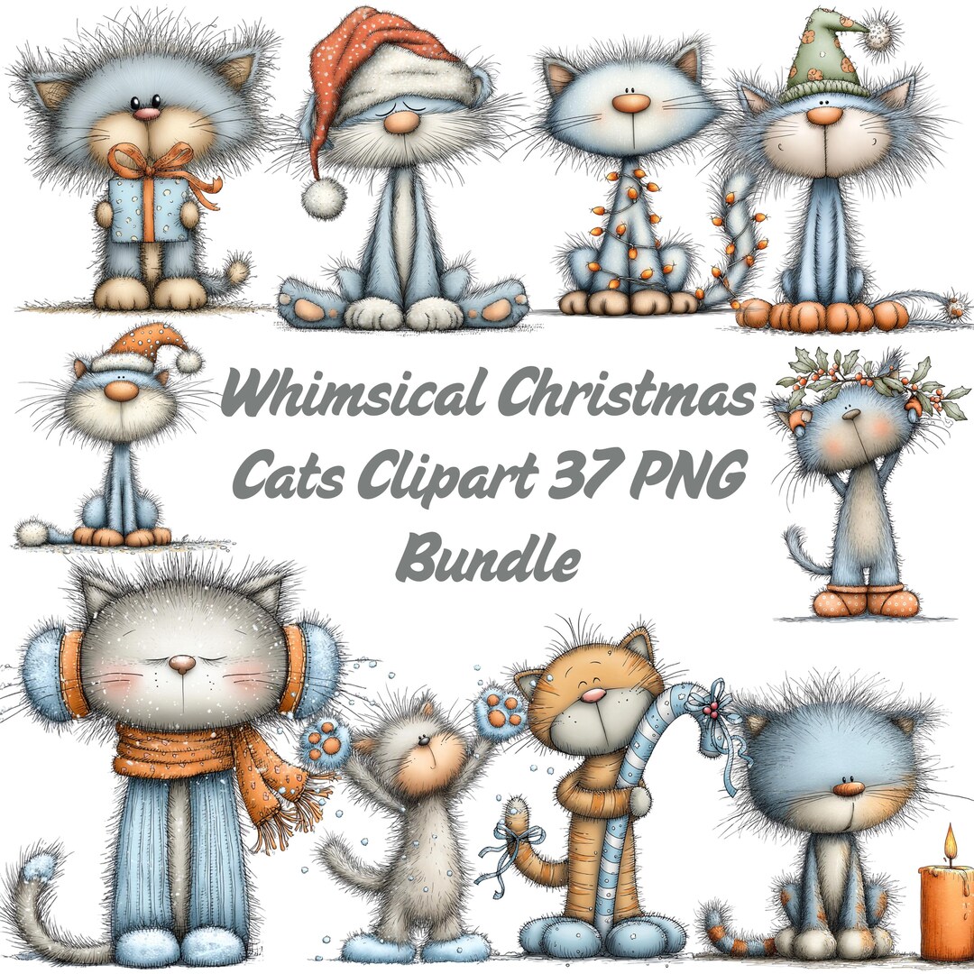 Whimsical Christmas Cats Clipart Bundle | 37 PNG Cute Cat Illustrations ...
