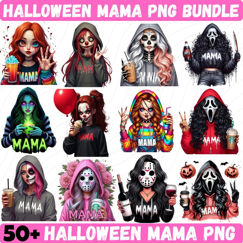 Horror Halloween Character MAMA Family PNG Bundle, Halloween Killer ...