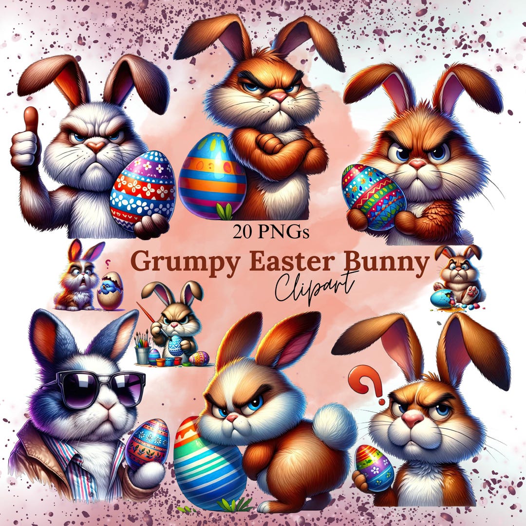 Grumpy Easter Bunny Clipart Bundle | 20 PNG Files | Funny Angry Bunny ...
