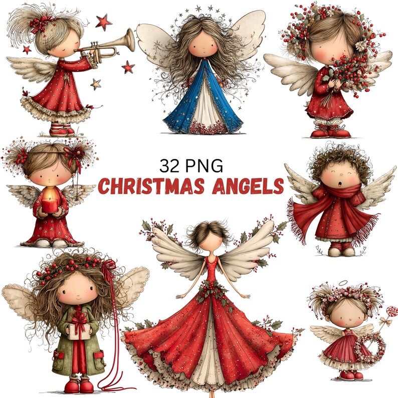Whimsical Christmas Angels Clipart, Cute Holiday Graphics, Christmas ...