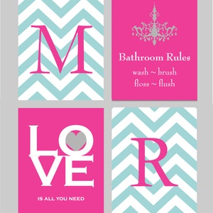 Kids Bathroom Wall Art Home Decor Prints Girls Bathroom Art Chevron ...