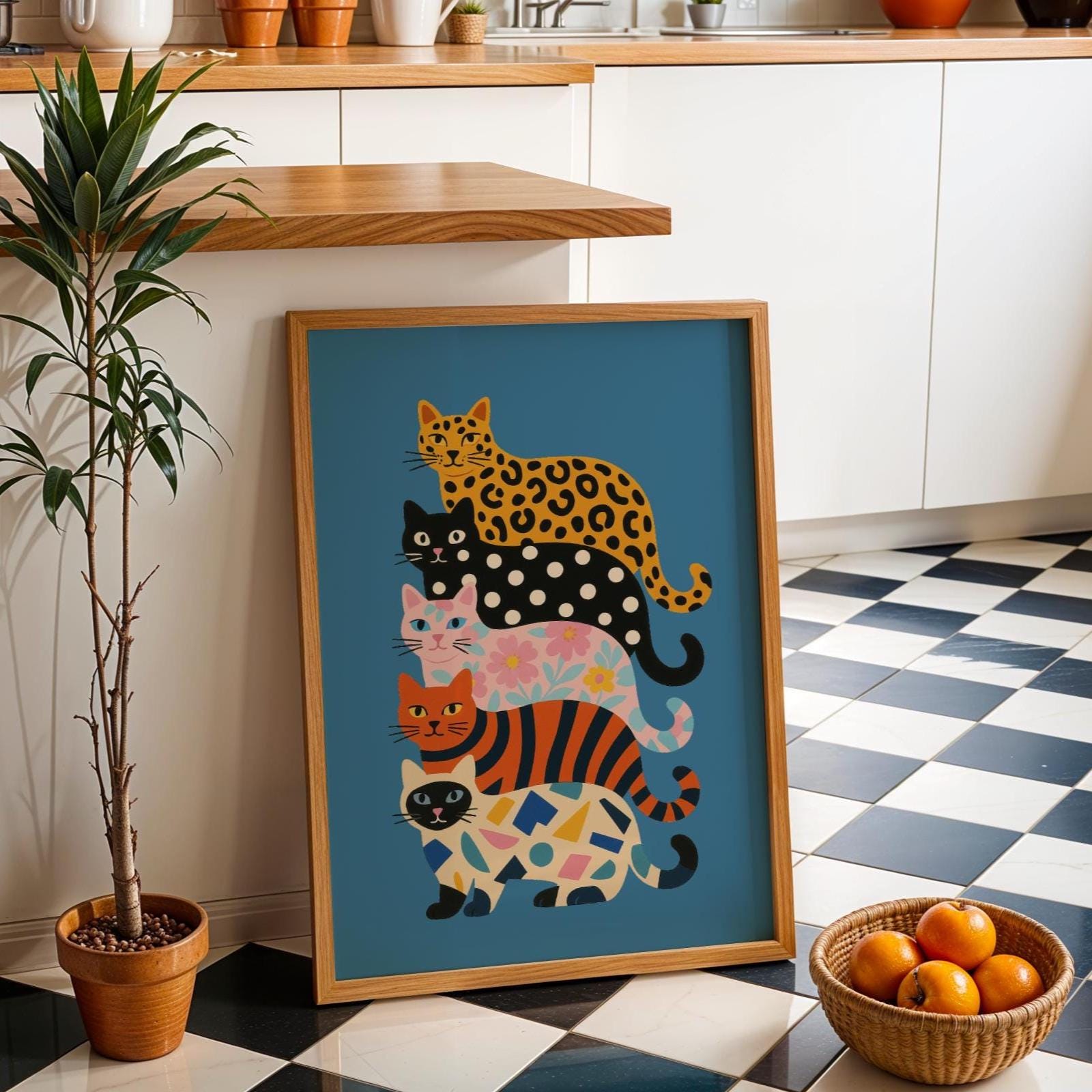 Colorful Cat Stack Illustration – Modern Geometric & Patterned Cats ...