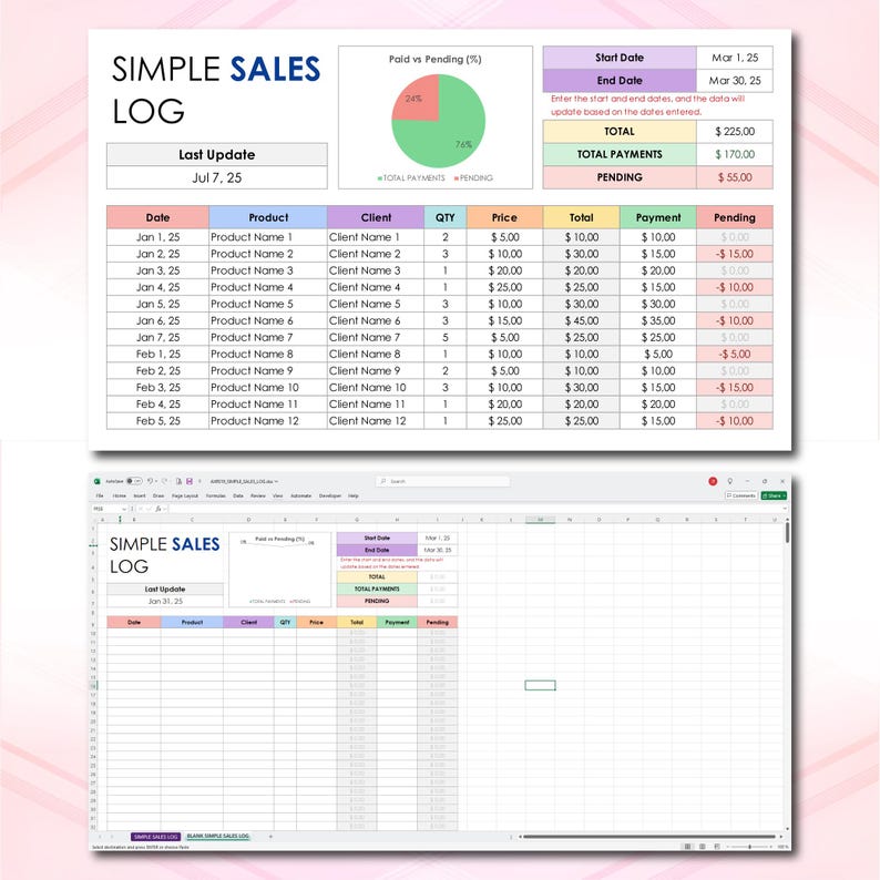 Simple Sales Log Spreadsheet Template, Excel & Google Sheets, Sales ...