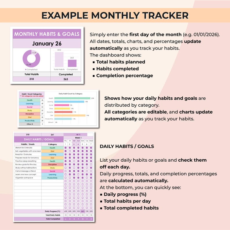 Monthly Habit Tracker Spreadsheet Template | Daily & Weekly Habits and ...