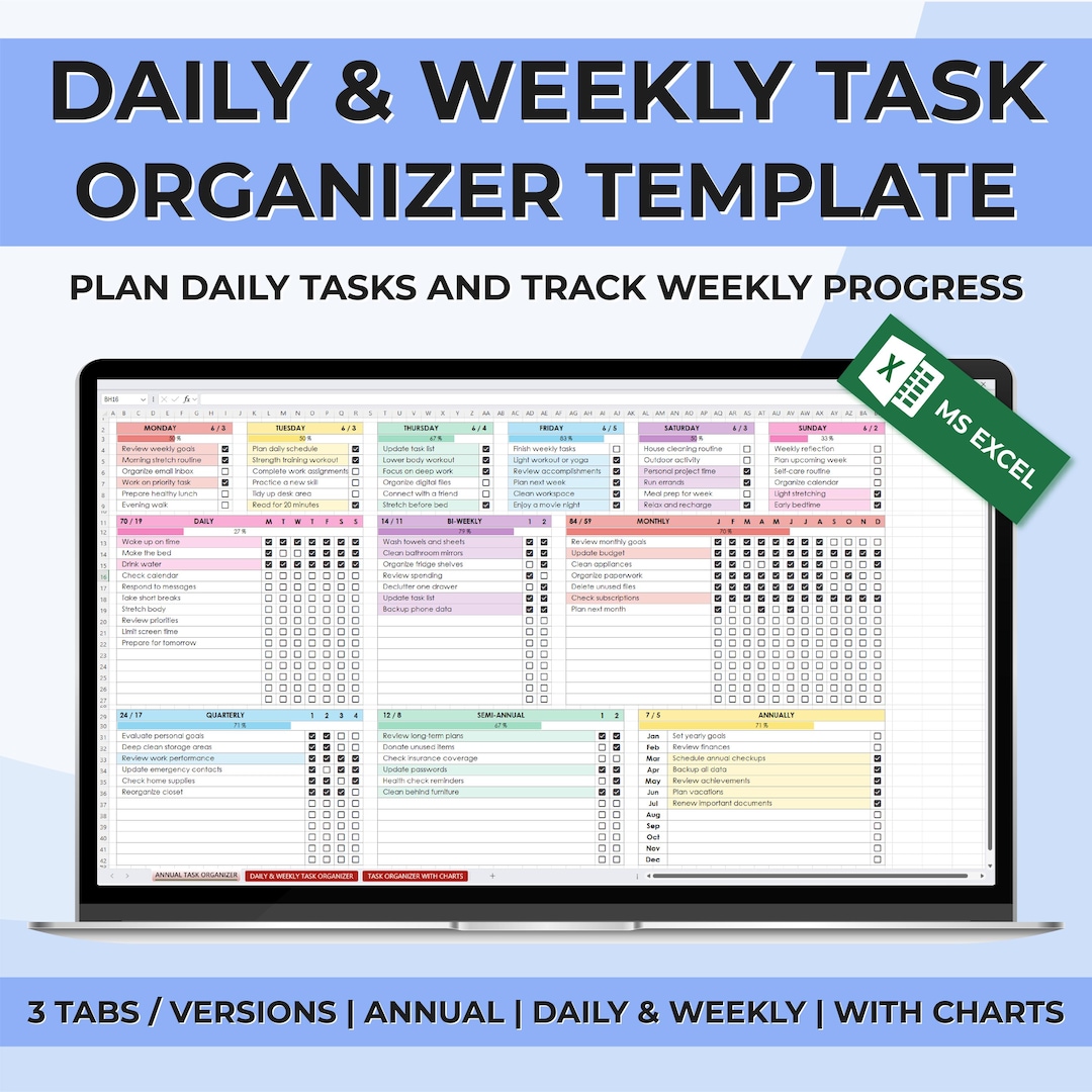 Daily & Weekly Task Organizer Excel | Habit Tracker Spreadsheet ...