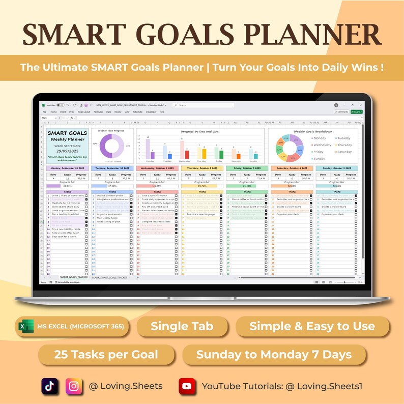 Excel SMART Goals Planner Template, Weekly Goal Tracker Spreadsheet, Daily Habit Tracker ...