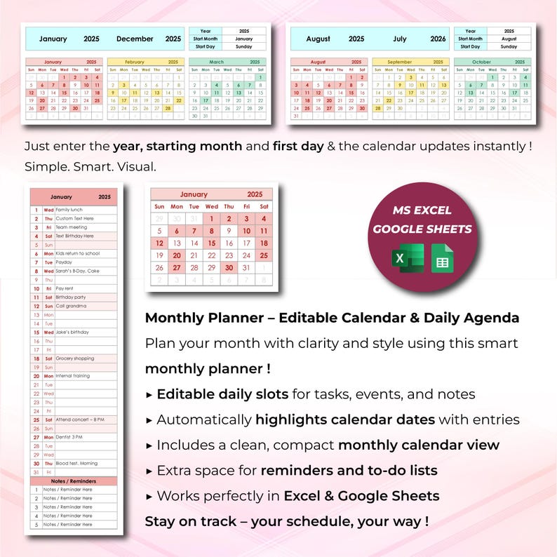 Smart Calendar Spreadsheet Template in Excel, Yearly Calendar Google ...