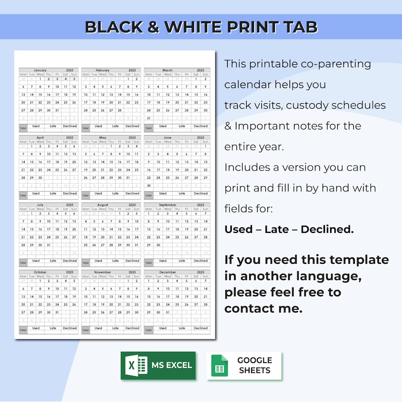 Shared Custody Calendar Spreadsheet for Co-parenting | Visit Tracking ...