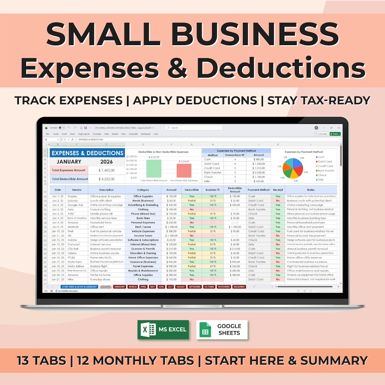Small Business Deductible Expense Tracker | Bookkeeping Spreadsheet for ...