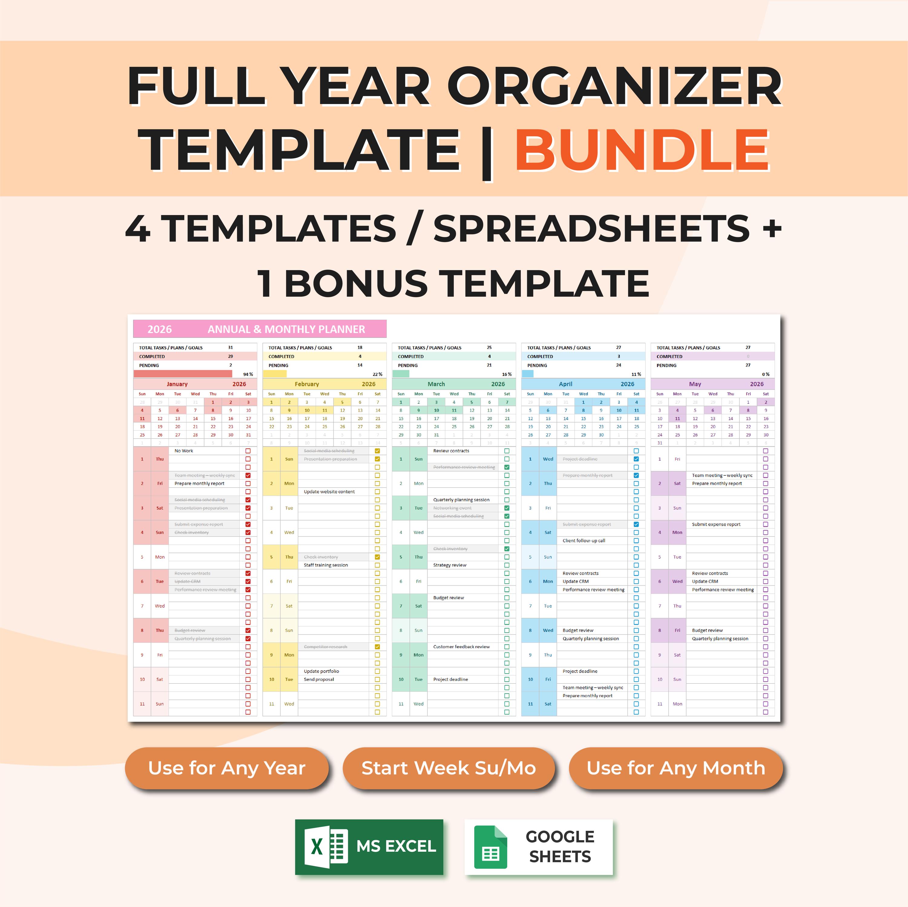 Year at a Glance Planner Spreadsheet Bundle | Yearly Planner Template ...