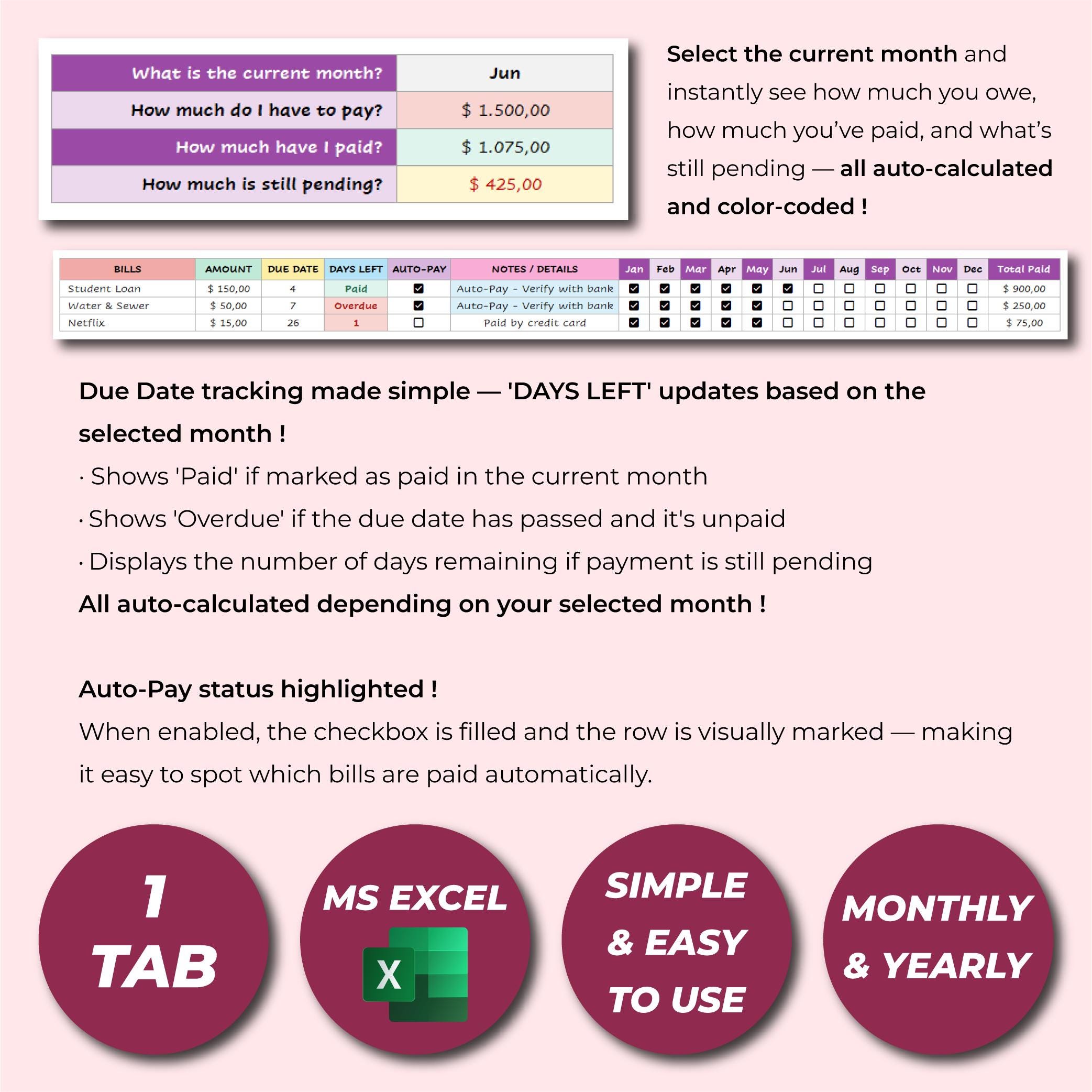 Bill Payment Tracker Excel, Bill Tracker Spreadsheet, Monthly Bills ...