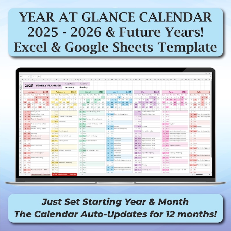 One-page Monthly Planner, 12 Months Yearly Overview Spreadsheet for ...