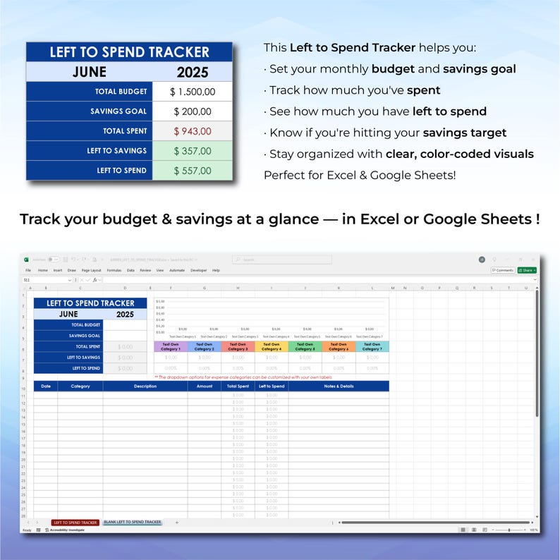 Left to Spend Tracker Template, Budget Spreadsheet Google Sheets, Excel ...