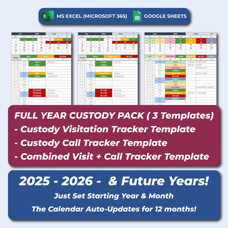 Coparenting Visitation Calendar, Custody Tracker Spreadsheet, Parenting ...
