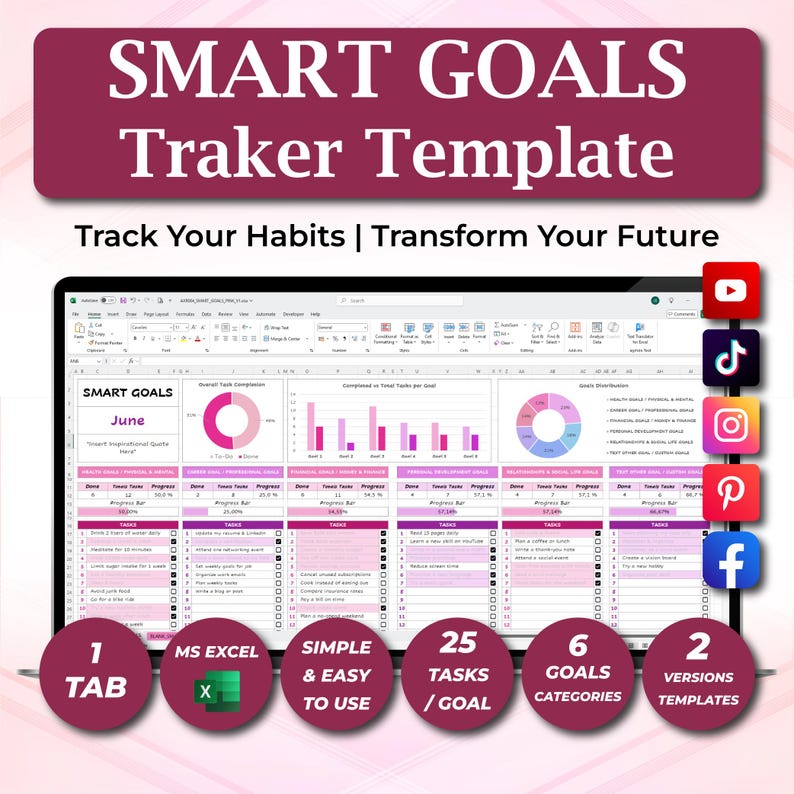 Excel Goal Planner, SMART Goals Tracker Template, Digital Habit Tracker, Task Spreadsheet, Goal ...