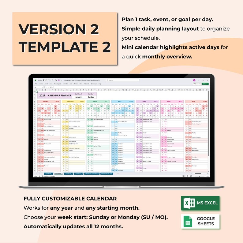 Year at a Glance Planner Spreadsheet Bundle | Yearly Planner Template ...