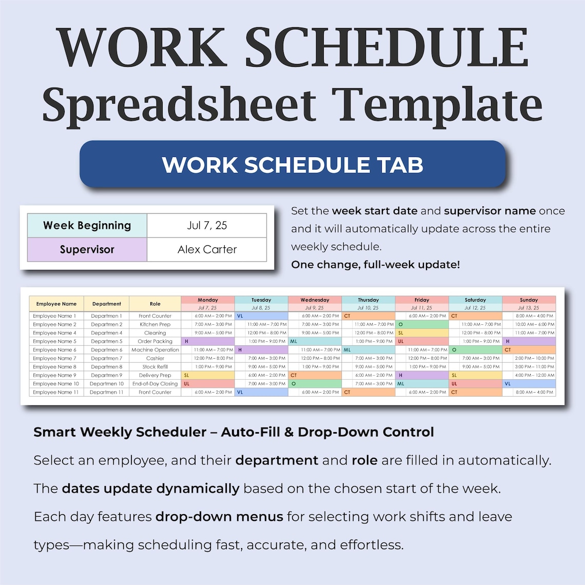 Employee Schedule Template, Working Hours Excel Google Sheets ...