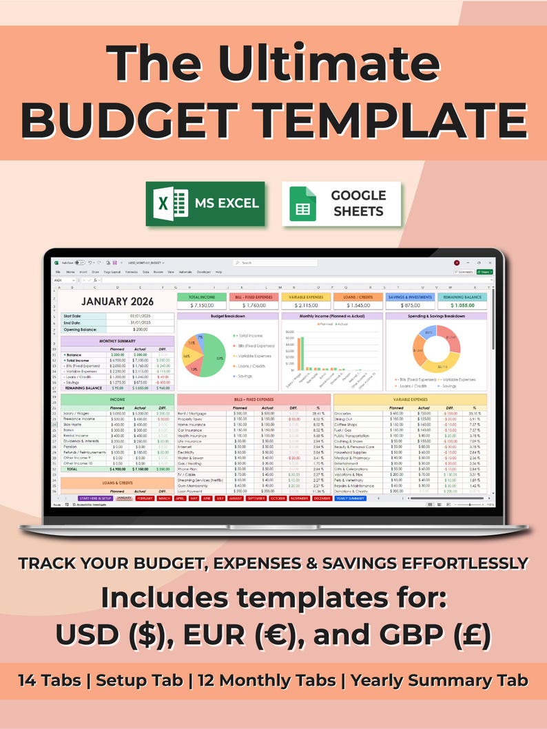 Simple 2026 Budget Planner, Excel & Google Sheets Budget Spreadsheet ...