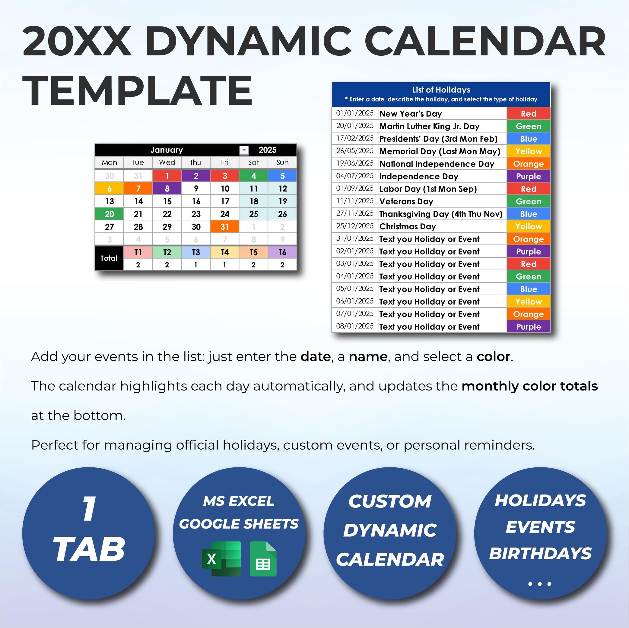 Dynamic Excel Calendar 2025, Color Code Business Planner, Editable ...