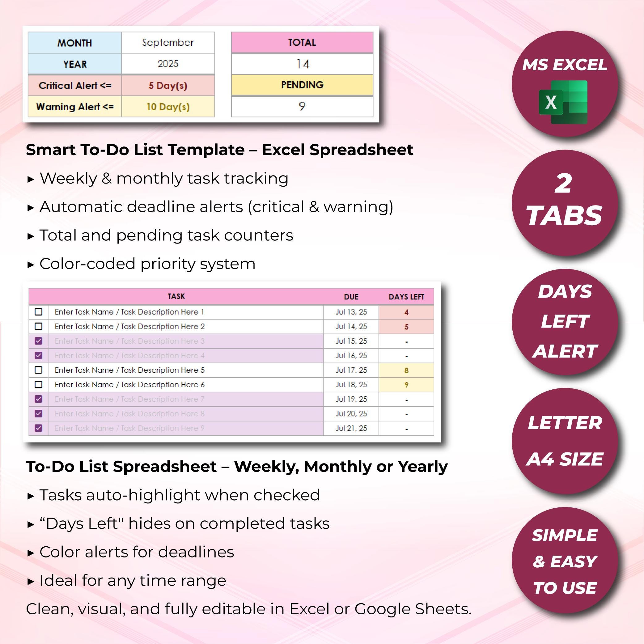 To Do List Excel Template, Task Tracker Spreadsheet, Weekly Planner ...