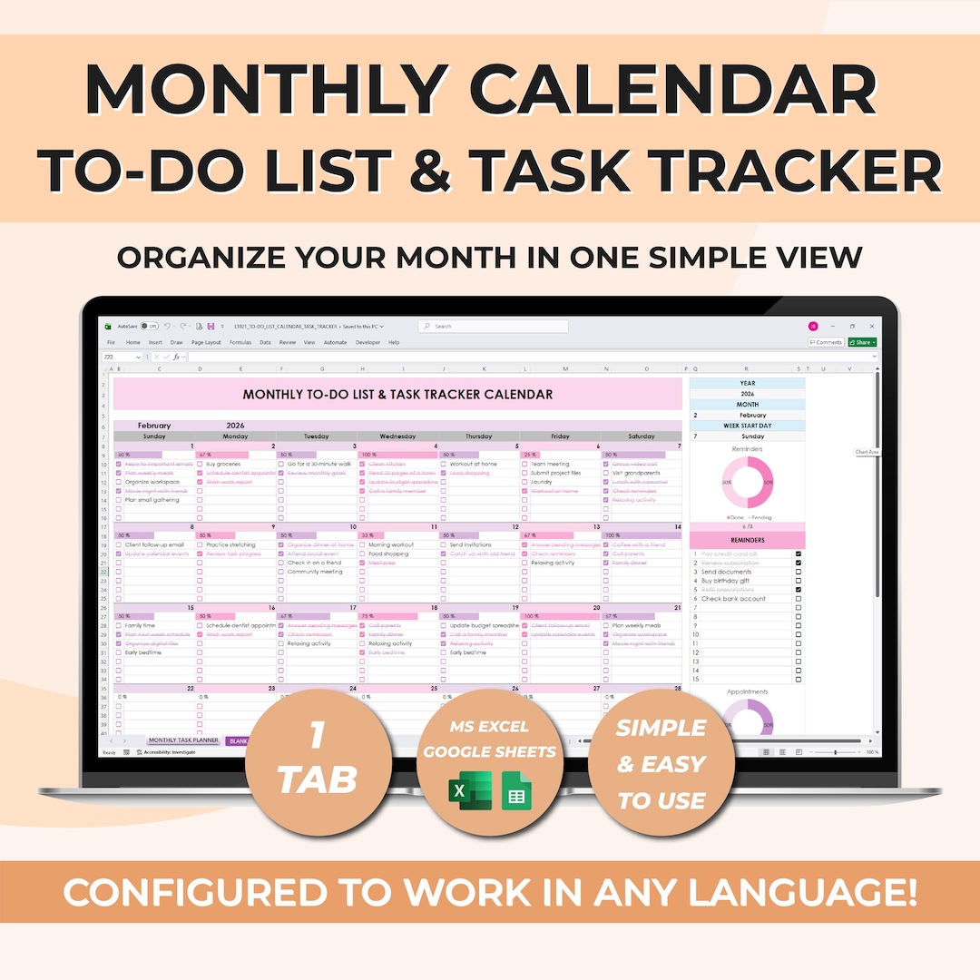 To-do List Calendar & Task Tracker Calendar Editable Spreadsheet ...