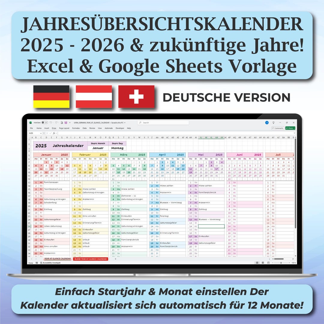 One Page Annual Planner, 12 Month Calendar Spreadsheet, Excel Google ...