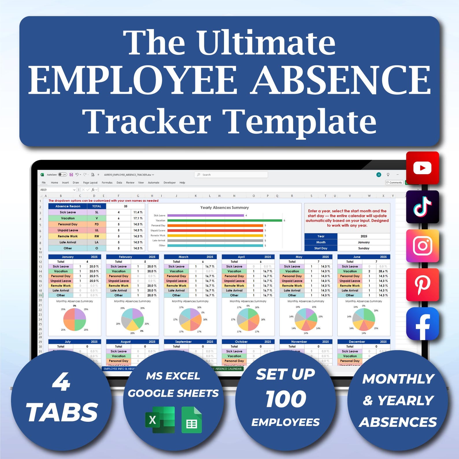 Employee Absence Tracker Template Excel | Time Off, Sick Leave ...