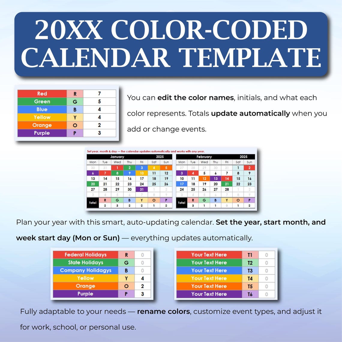 Dynamic Excel Calendar 2025, Color Code Business Planner, Editable ...
