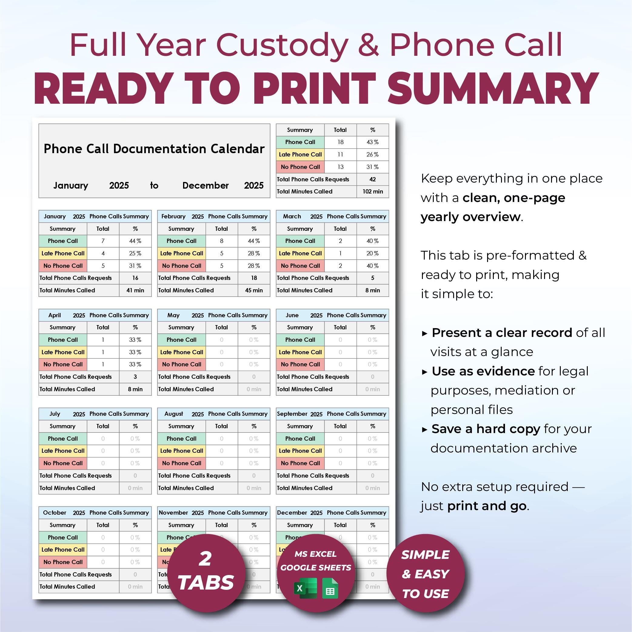Custody Log, Phone Call Log, Parenting Time Log, Custody Tracker, Co ...