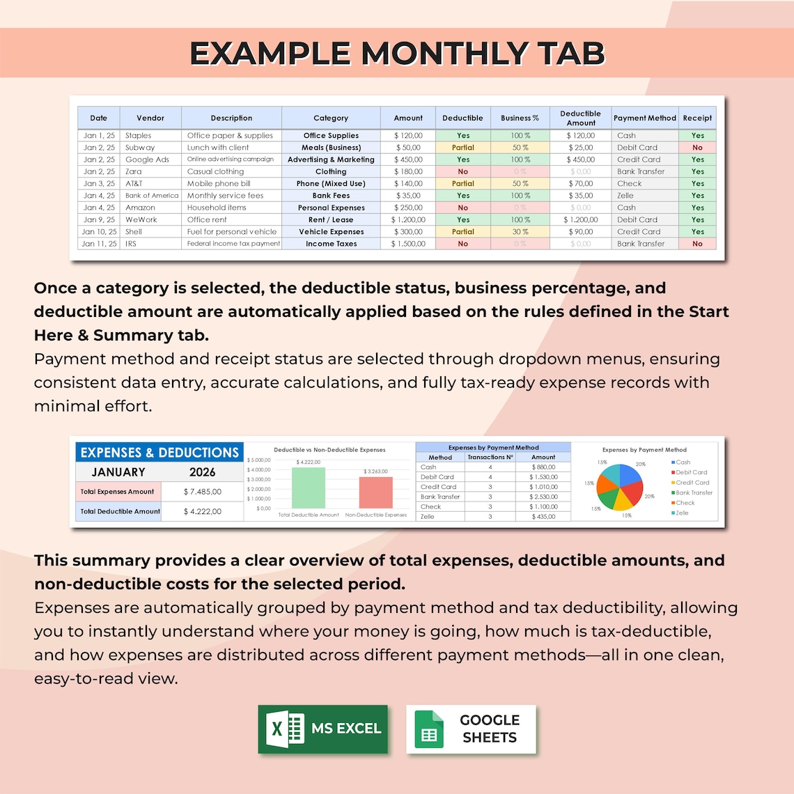 Small Business Deductible Expense Tracker | Bookkeeping Spreadsheet for ...