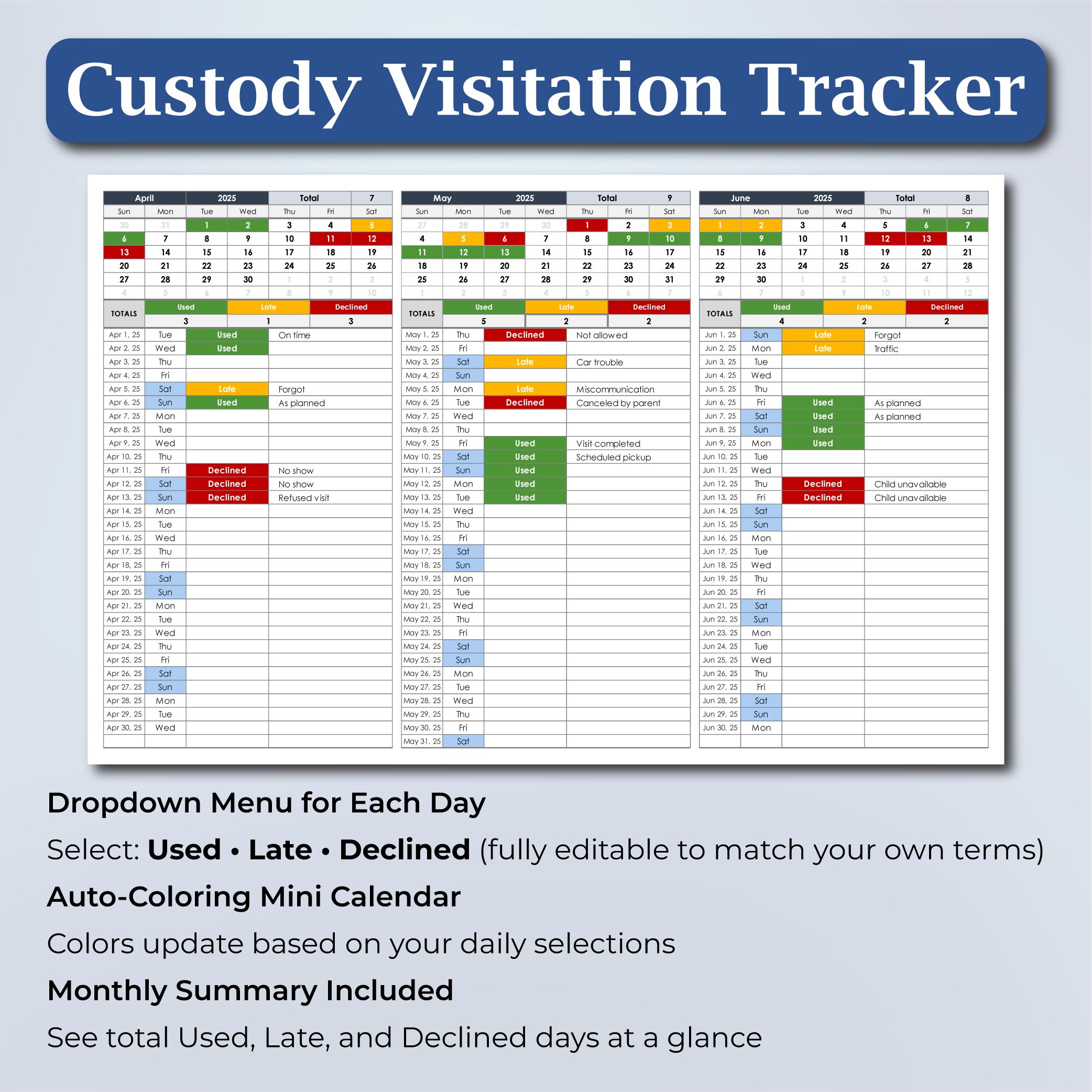 Custody Tracker, Coparenting Calendar, Child Custody Planner ...