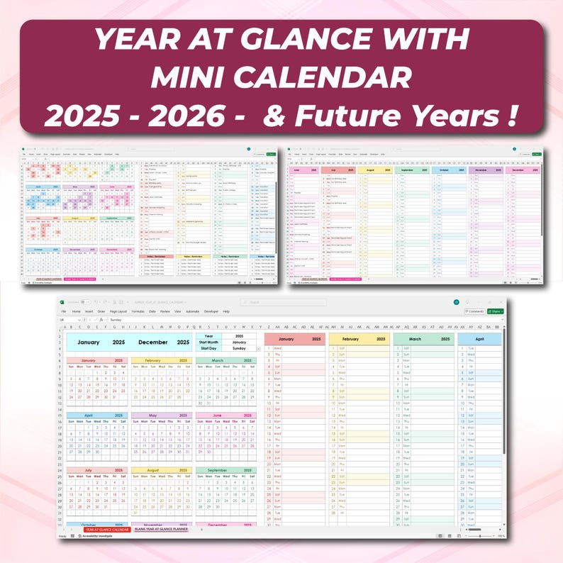 Smart Calendar Spreadsheet Template in Excel, Yearly Calendar Google ...