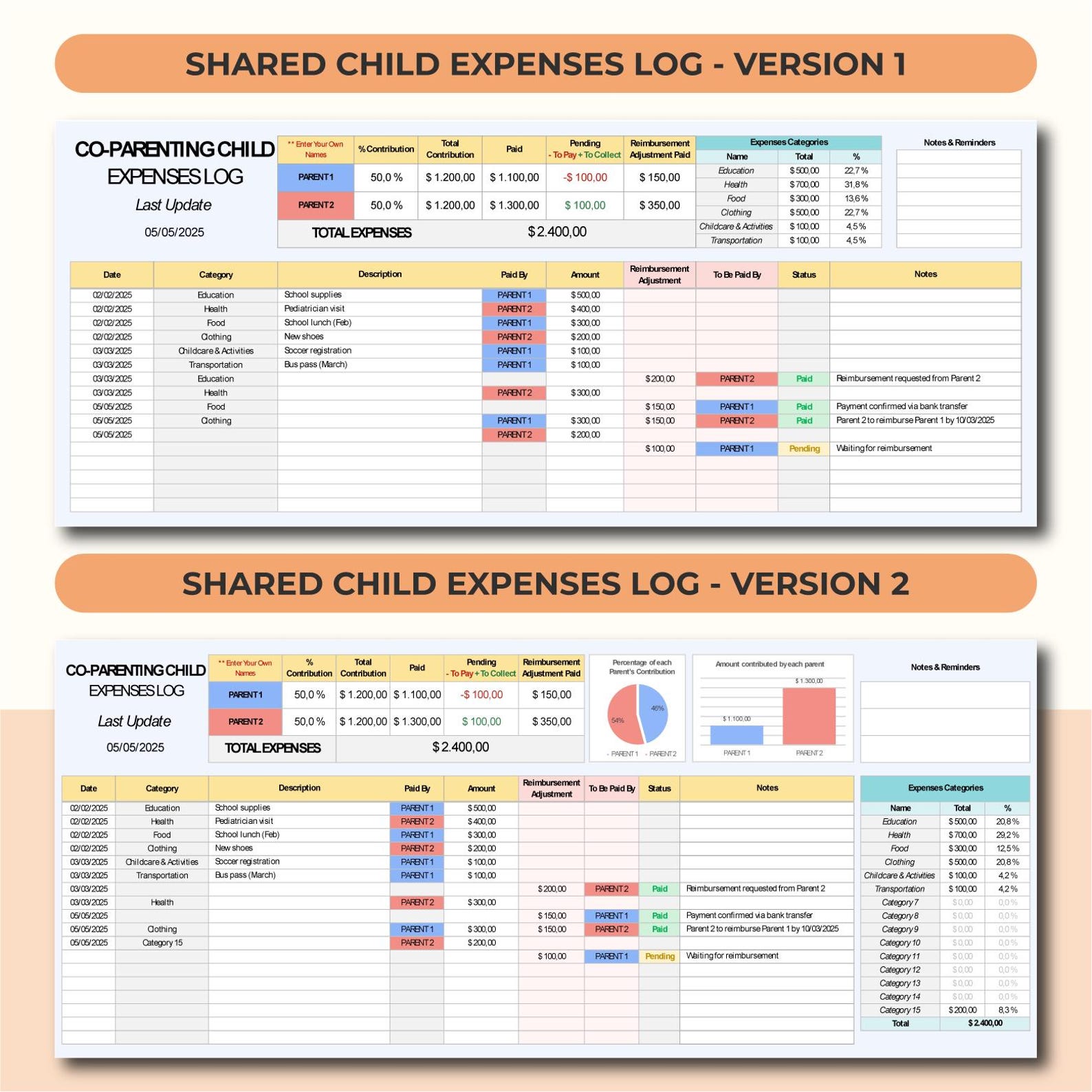 Divorce Expense Tracker, Shared Expenses Log for Parents, Co Parenting ...