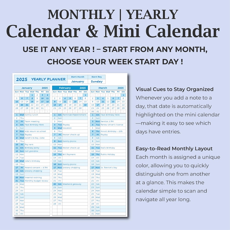 Excel Calendar Template, Year at a Glance Planner, Monthly & Yearly ...