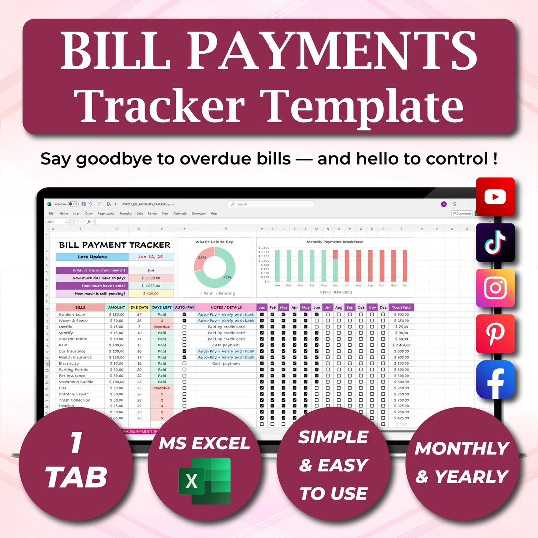 Bill Payment Tracker Excel, Bill Tracker Spreadsheet, Monthly Bills ...