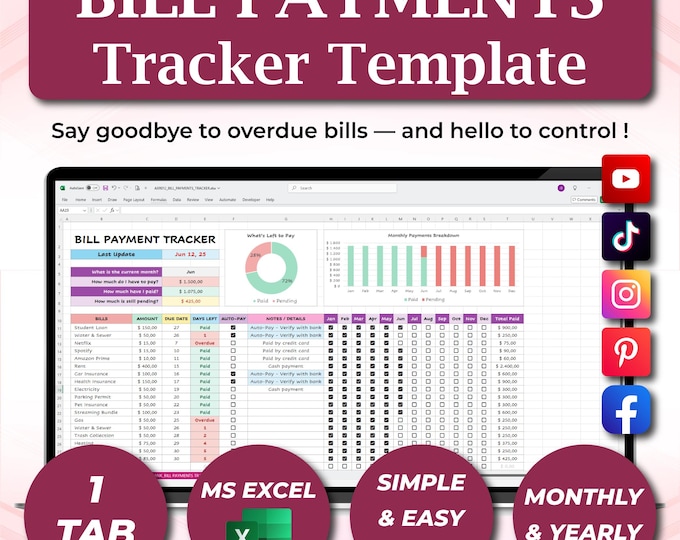 Bill Payment Tracker Excel, Bill Tracker Spreadsheet, Monthly Bills ...